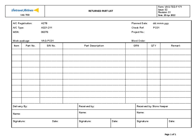 VAG-TED-F 171 Iss02 Rev 00 RETURN PART LIST | PDF