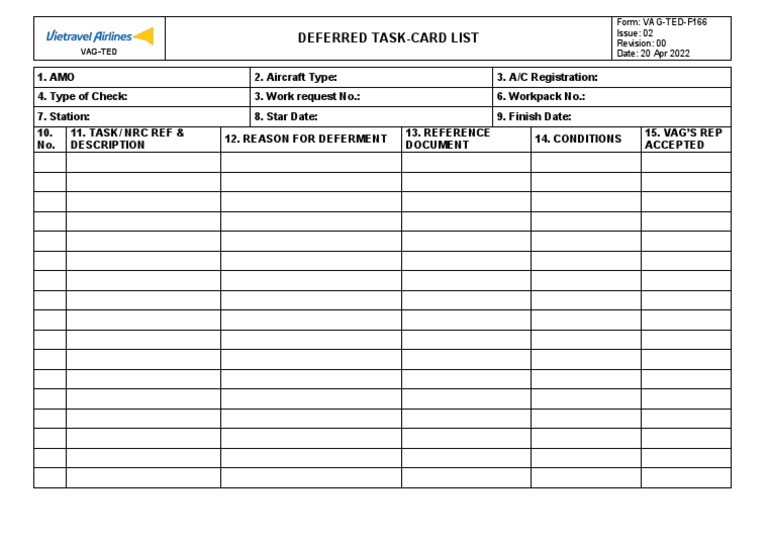 VAG-TED-F166-Iss02 Rev 00 - DEFERRED TASK CARD LIST | PDF