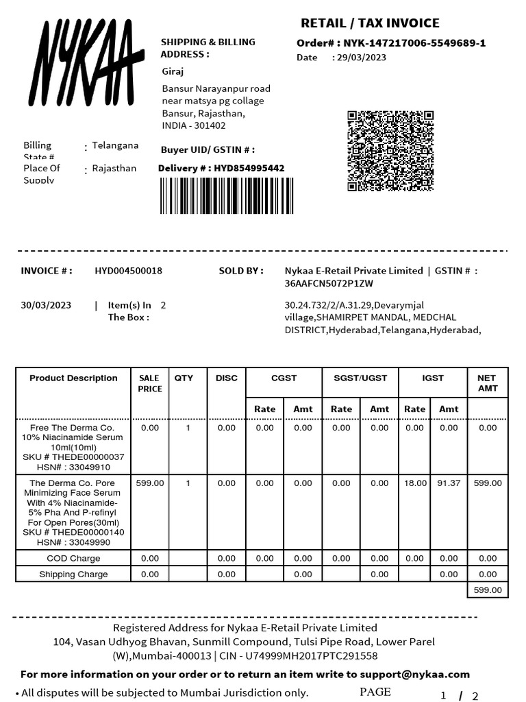 Shipping & Billing Address: Giraj: Date: 29/03/2023 | PDF | Invoice ...
