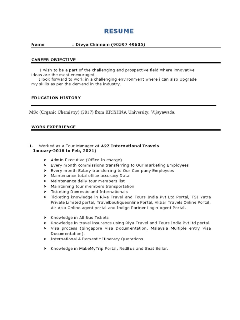 Resume: MSC (Organic Chemistry) (2017) From Krishna University, Vijayawada | PDF