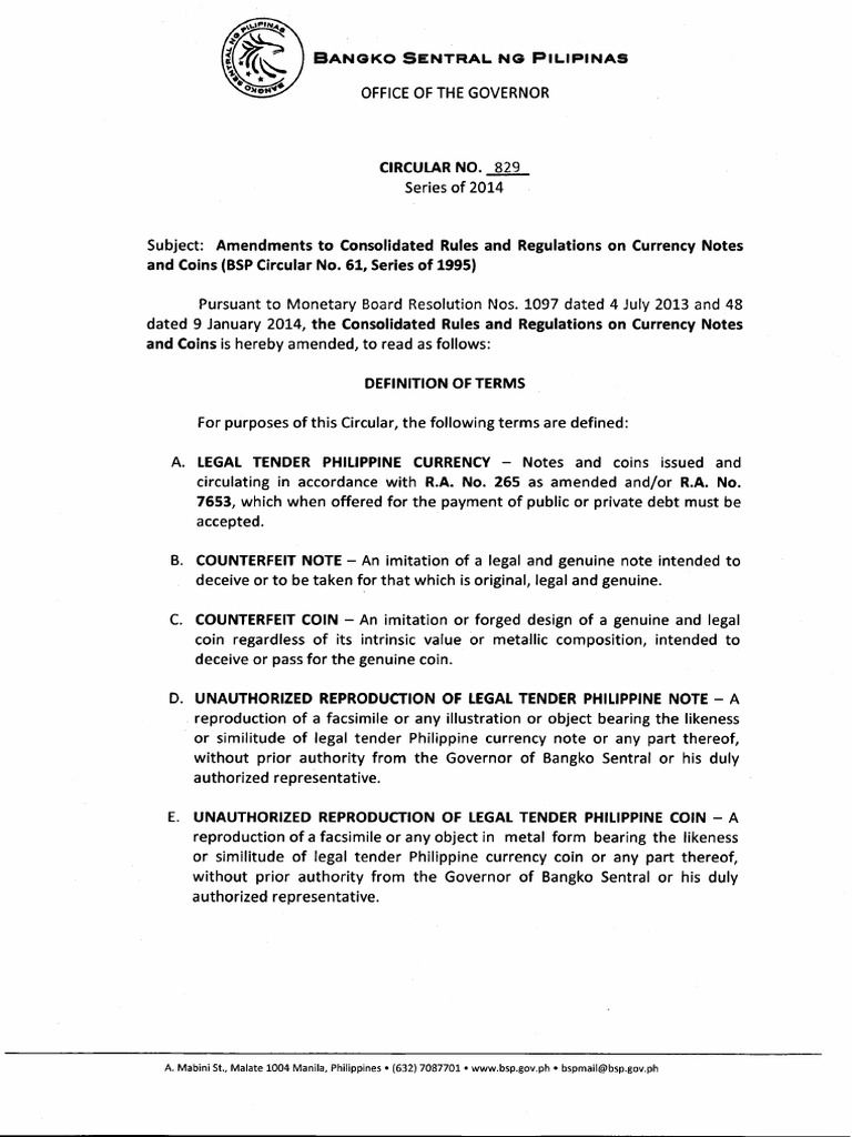 BSP Circular 829, Series of 2014 | PDF