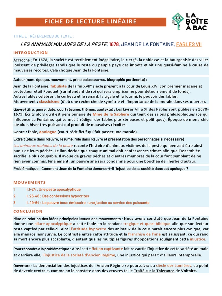 FICHE DE LECTURE LINEAIRE Les Animaux Malades de La Peste 2 | PDF | Fable