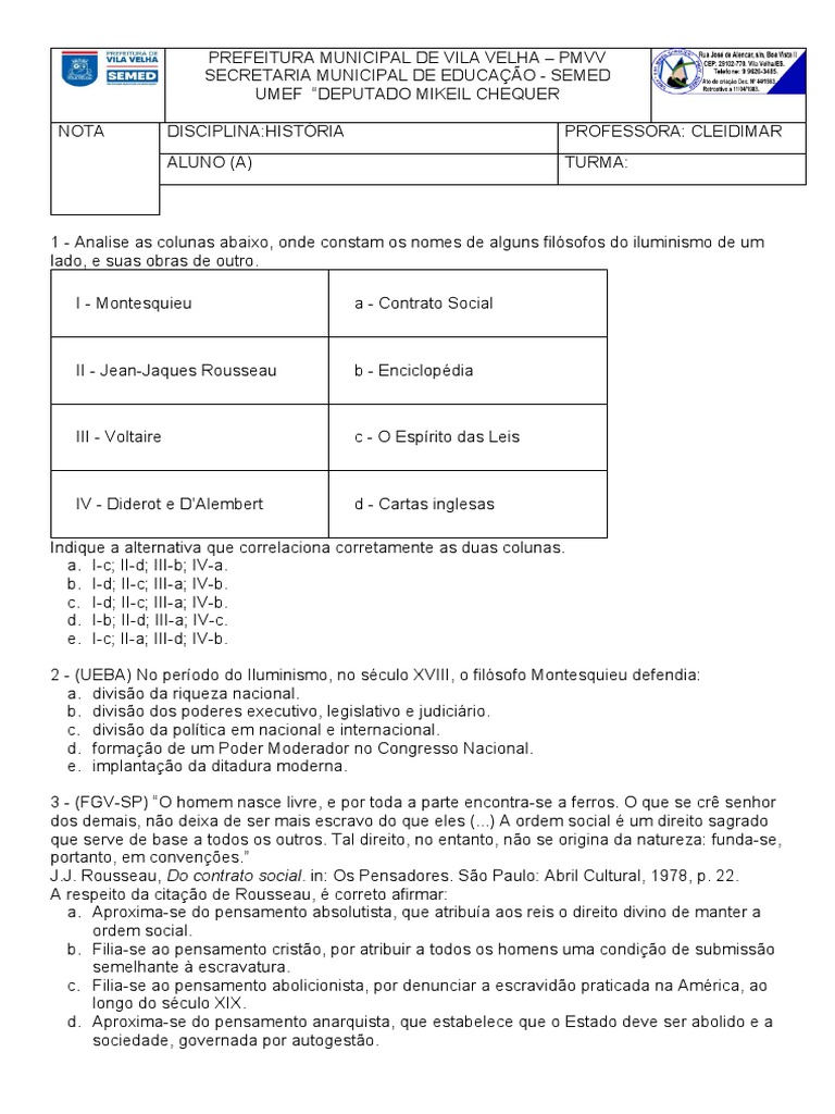 Prova Oitavo Ano Iluminismo | PDF | Iluminismo | Montesquieu