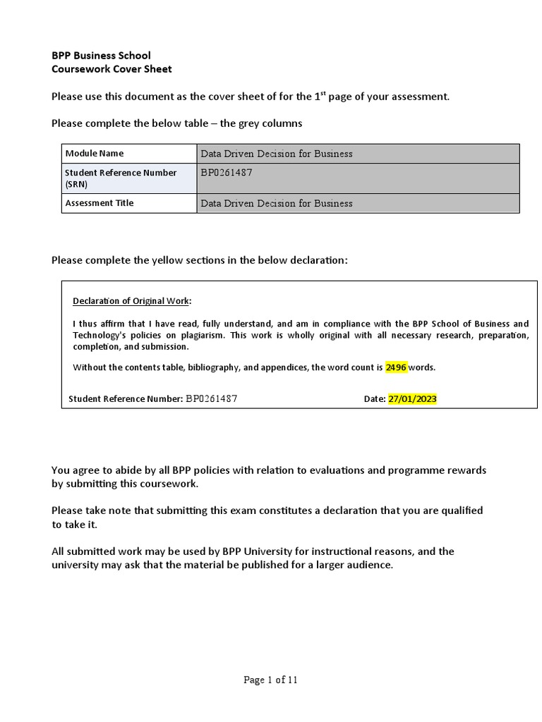 BPP Business School Coursework Cover Sheet: Data Driven Decision For ...