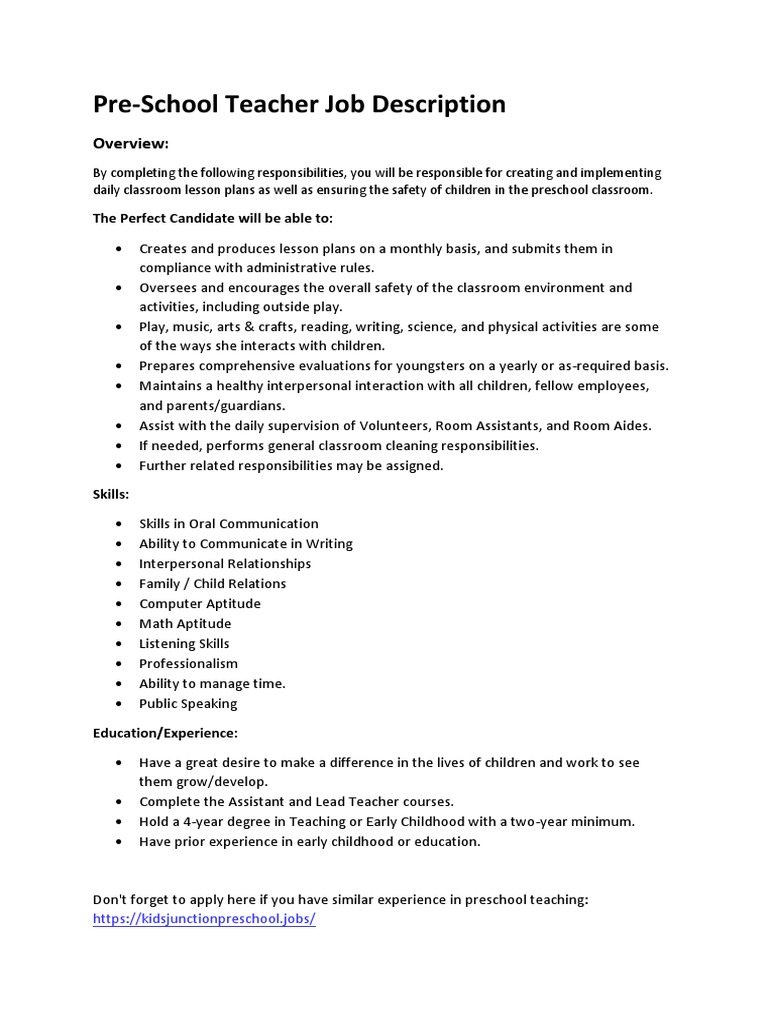 Pre-School Teacher Job Description | PDF