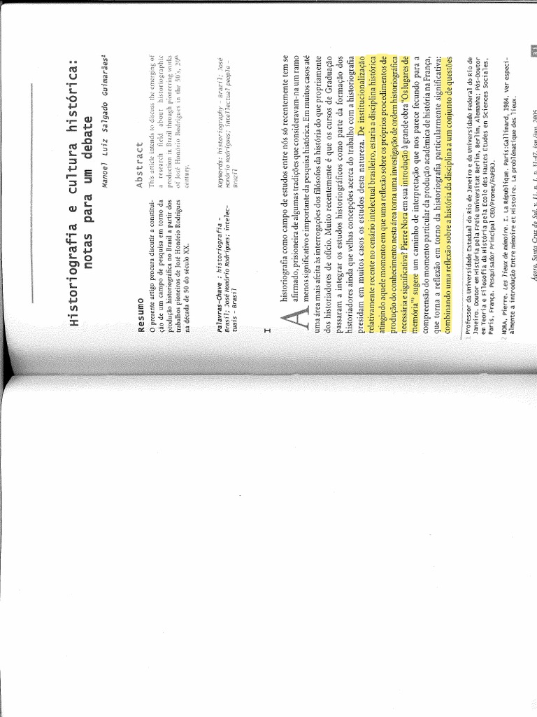 GUIMARÃES, Manoel Luiz Salgado. Historiografia e Cultura Histórica - Notas para Um Debate | PDF