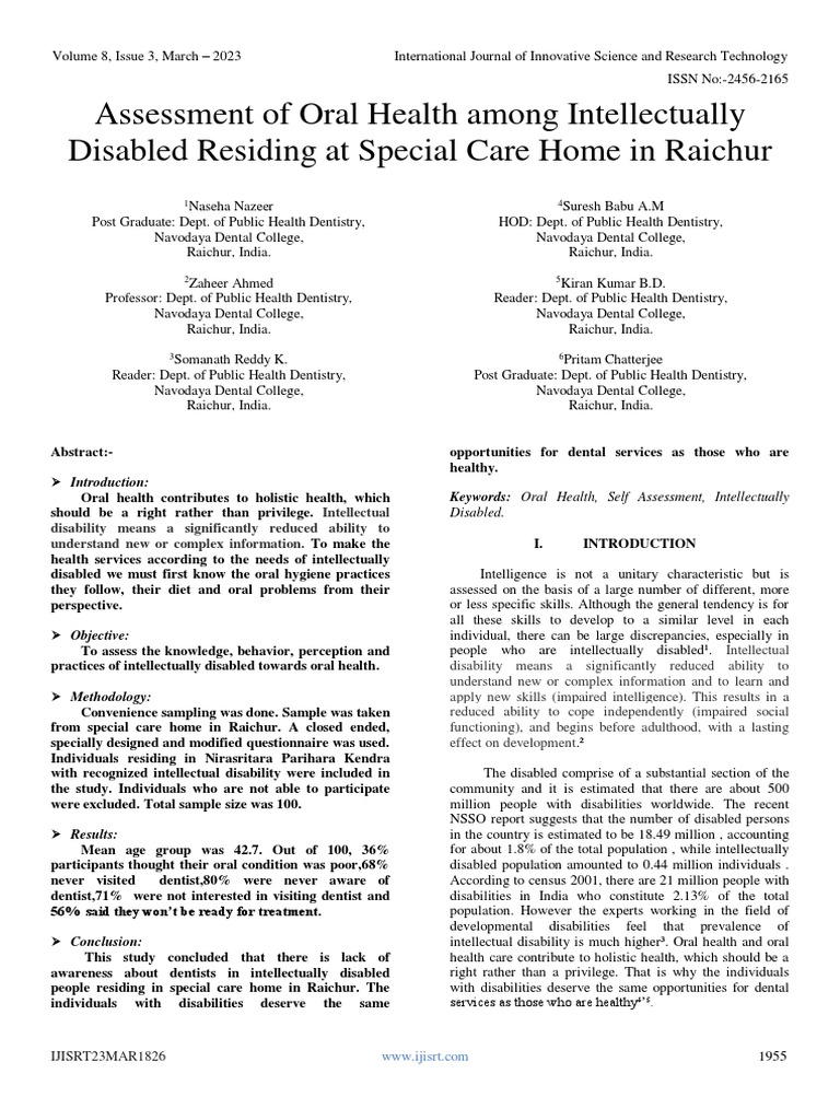 Assessment of Oral Health Among Intellectually Disabled Residing at Special Care Home in Raichur ...
