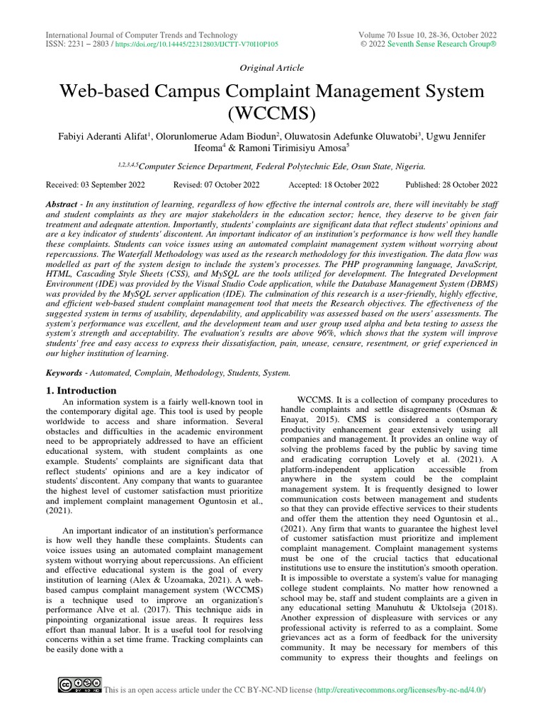 Web-Based Campus Complaint Management System (WCCMS) | PDF | User ...