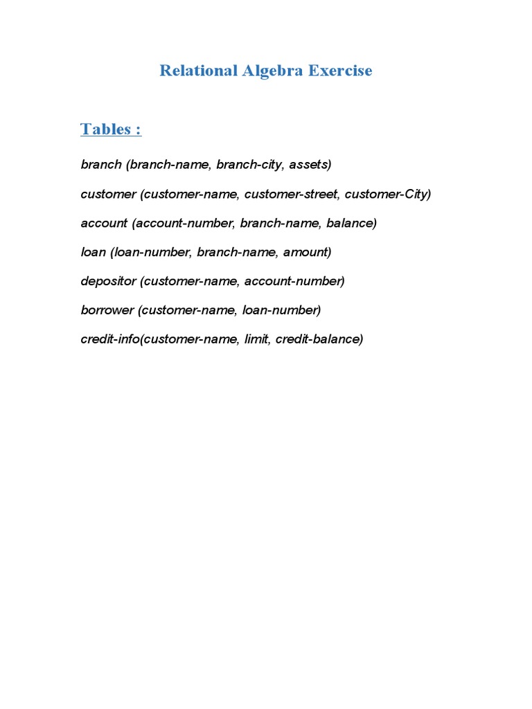 Relational Algebra Exercise Tables | PDF | Deposit Account | Loans
