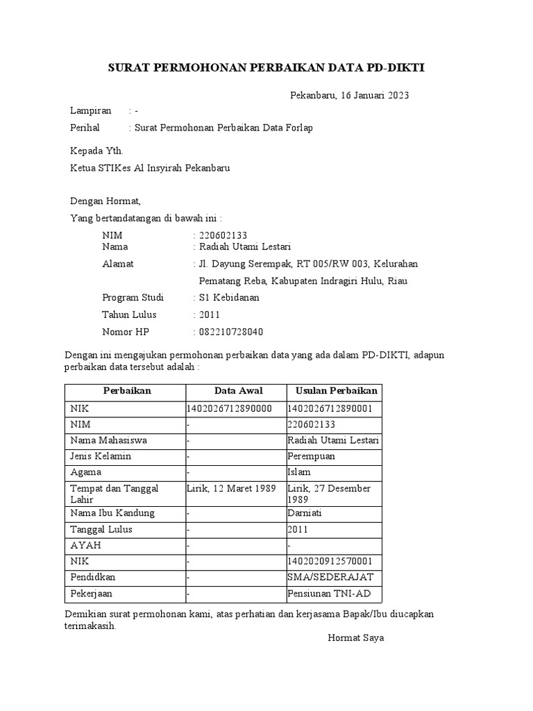 Surat Permohonan Perbaikan Data PD | PDF