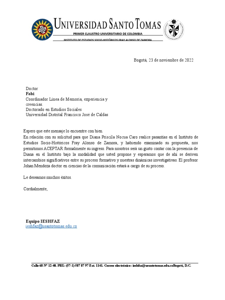 Carta de Aceptación Pasantía Alexander Mendez | PDF