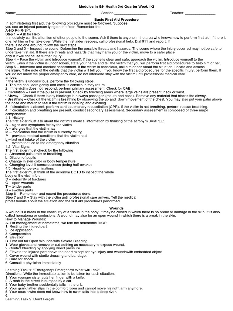 Modules in G9 Health Week 1 2 | PDF | First Aid | Medical Specialties