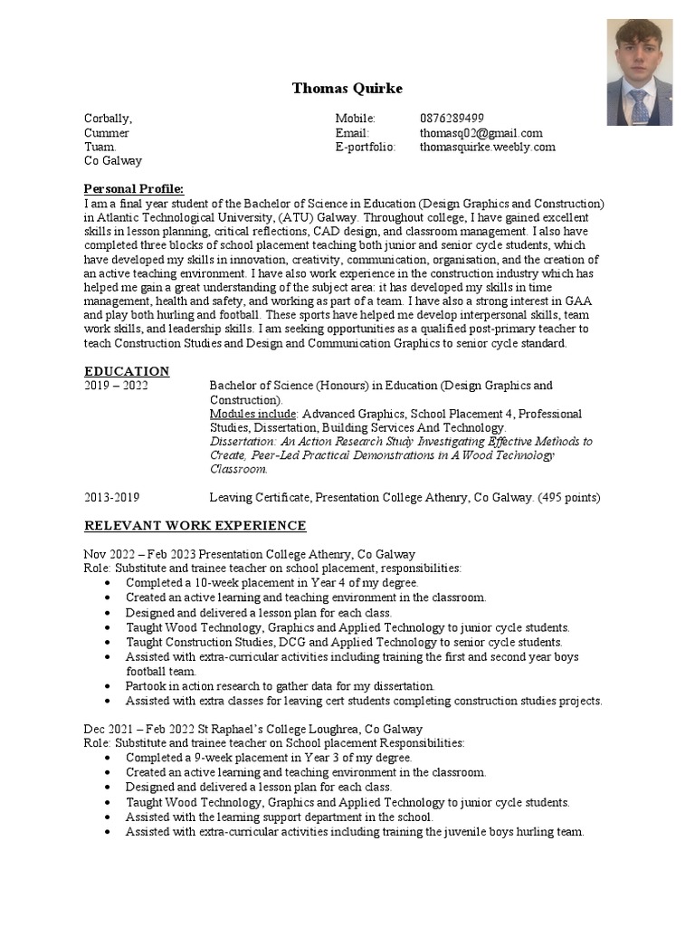 Thomas Quirke CV | PDF | Teachers | Lesson Plan