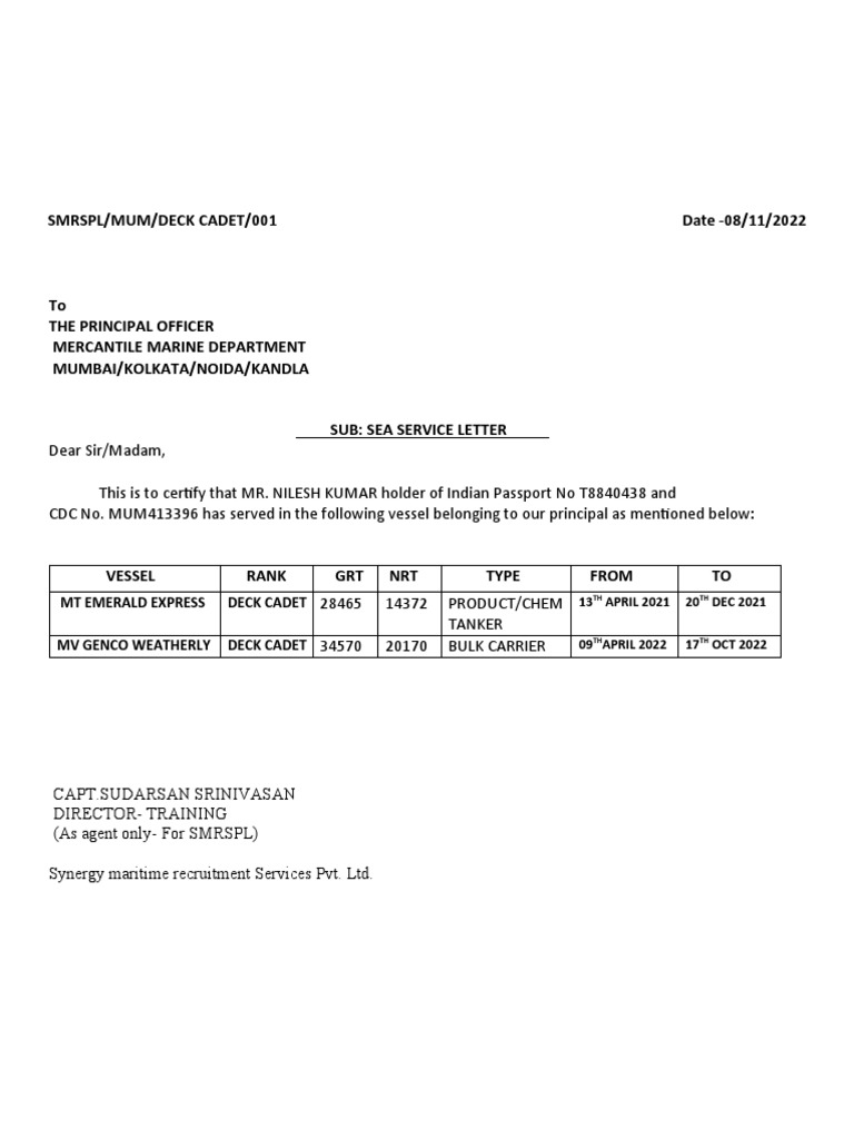 Sample Seatime Letter | PDF