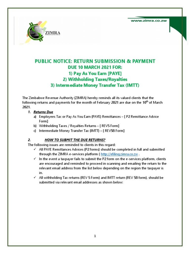 ZIMRA Returns and Payment Deadlines 2021 | PDF | Taxes | Taxation