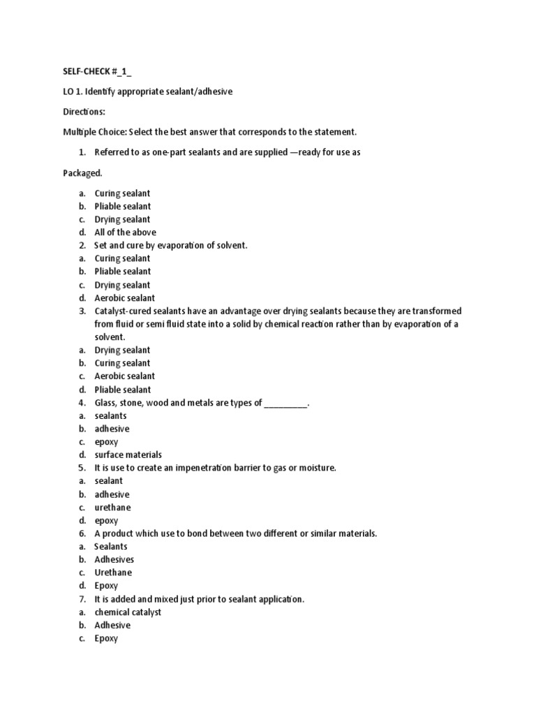 Quiz Applying Appropriate Sealant | PDF | Adhesive | Epoxy
