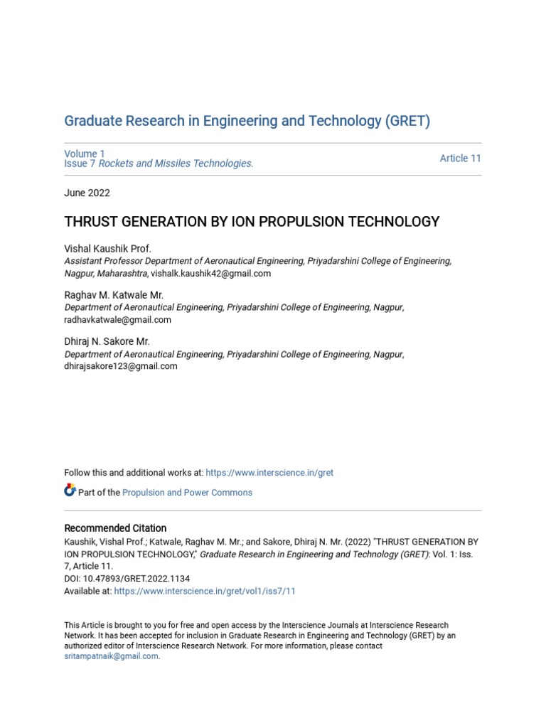 Thrust Generation by Ion Propulsion Technology | PDF | Spacecraft Propulsion | Physical Sciences