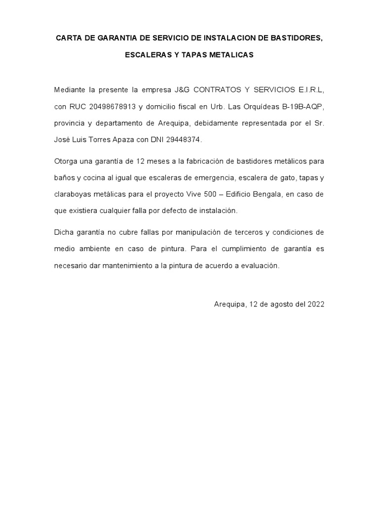 Carta de Garantia de Servicio de Instalacion de Bastidores, Escaleras Y ...