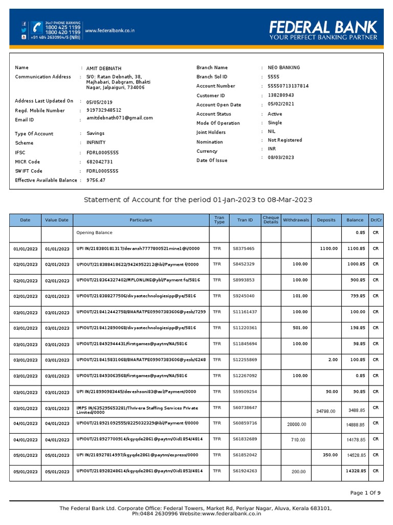 Fi Account Statement A2 | PDF | Payments | Cheque