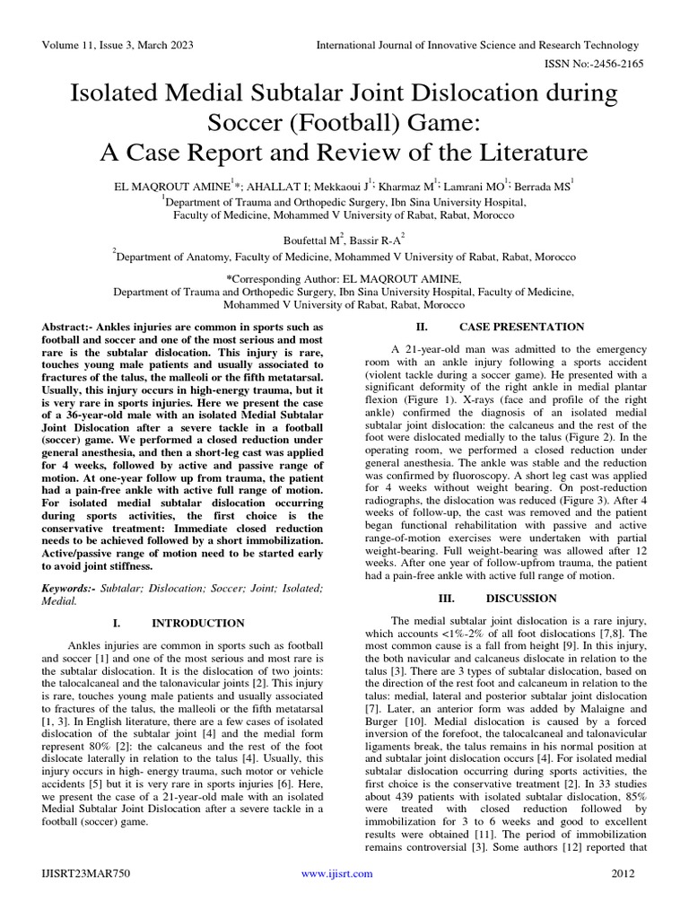 Isolated Medial Subtalar Joint Dislocation During Soccer Football Game A Case Report And