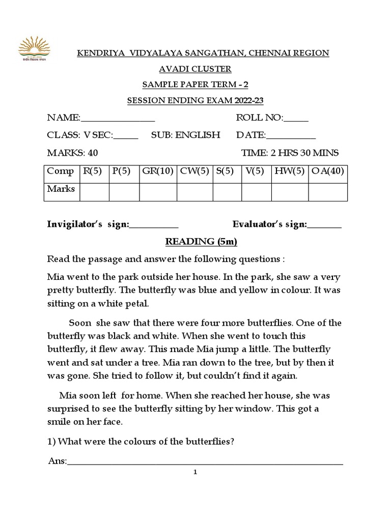 Kendriya Vidyalaya Sangathan, Chennai Region Avadi Cluster Sample Paper ...