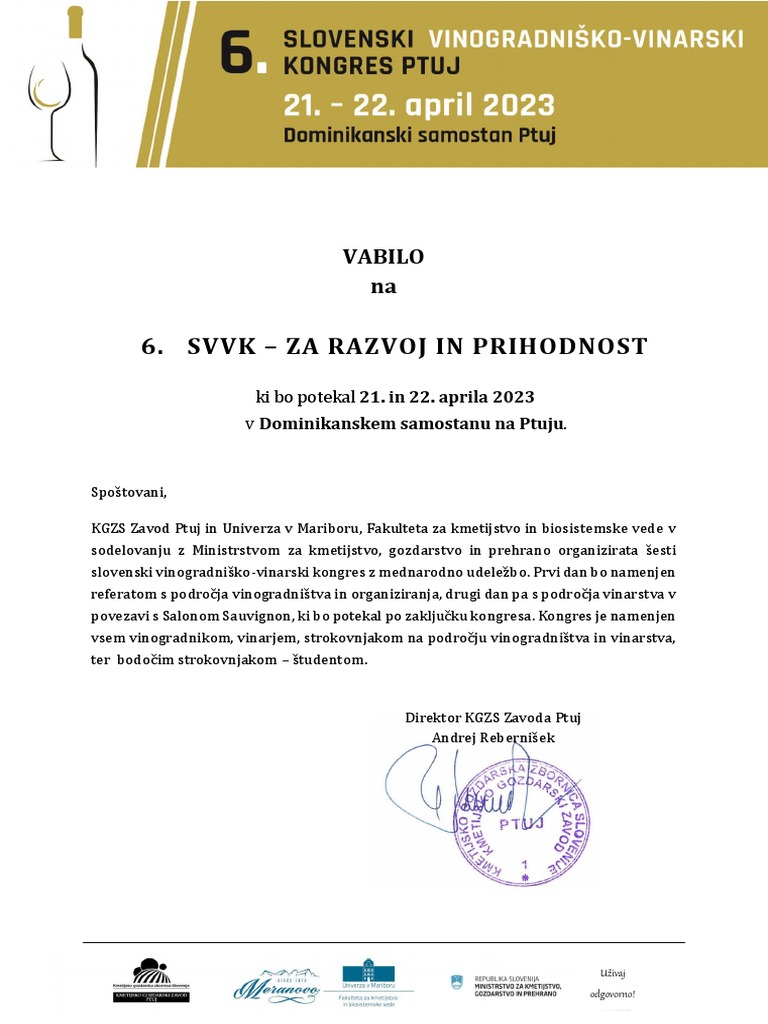 Vabilo na 6. Slovenski vinogradniško-vinarski kongres Ptuj 2023 | PDF