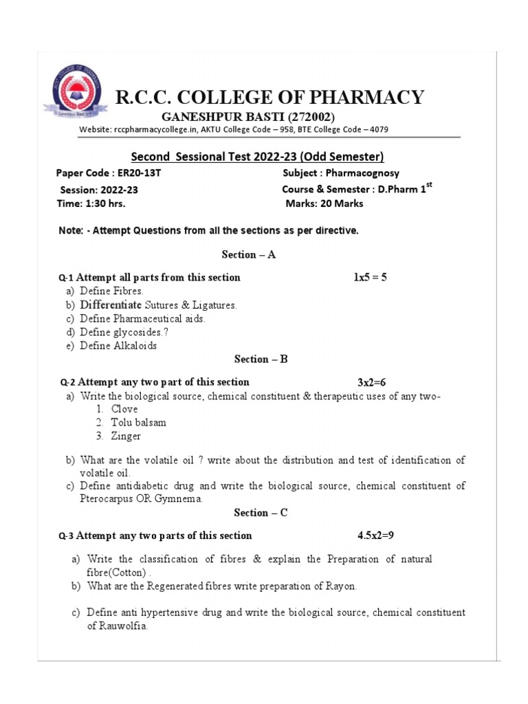 Pharmacognosy Question Paper Set 2 Second Sesional | PDF