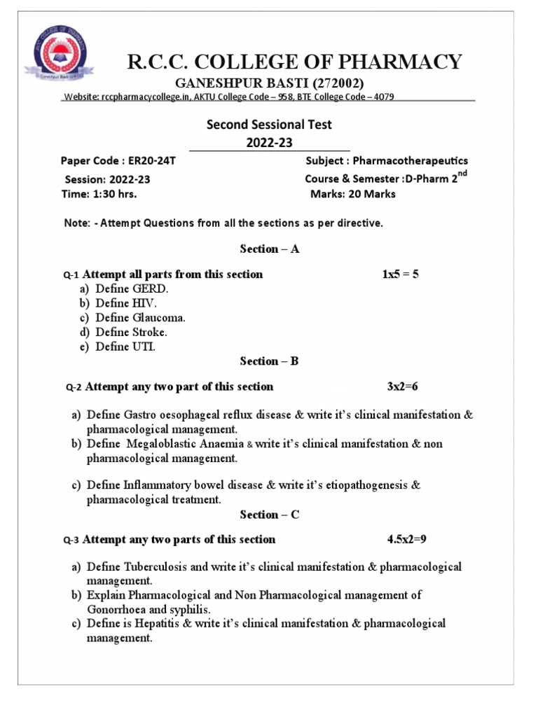 Pharmacotherapeutics Question Second Sessional | PDF