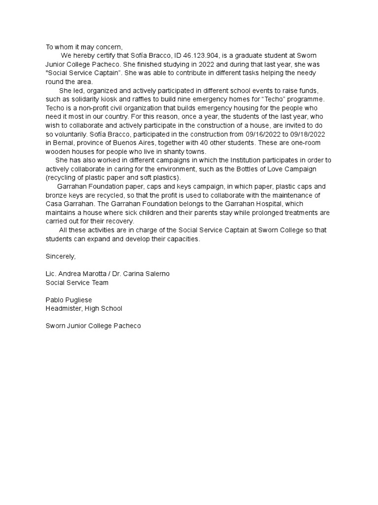 Recommendation Letter Accion Social | PDF