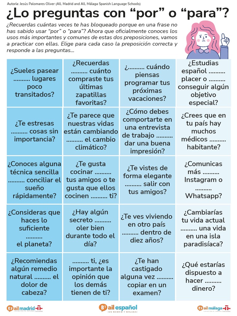 Ejercicio Espanol Contraste Preposiciones Por para 1 | PDF