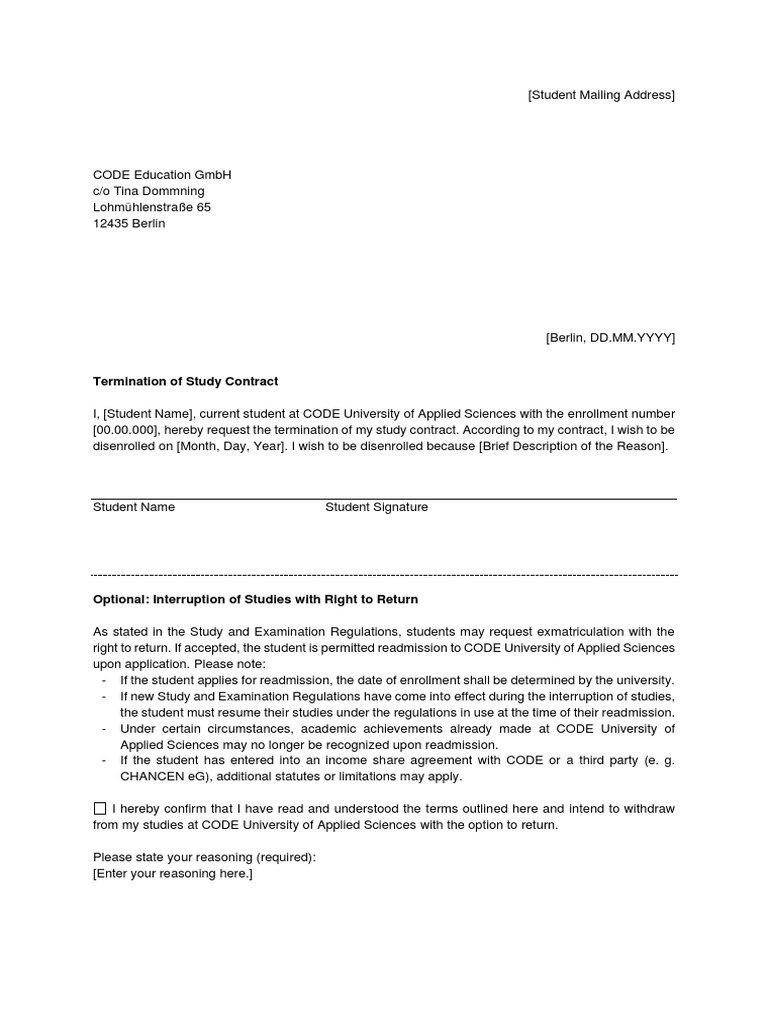 Your - Name - Termination of Study Contract With Right To Return - Template | PDF