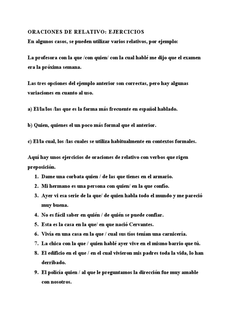 Ejercicios de Oraciones de Relativo | PDF | Tipología Lingüística ...