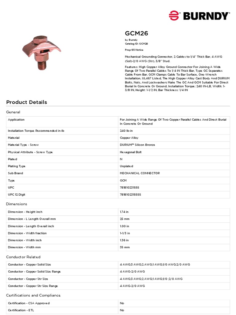 Ficha Tecnica Conector BURNDY-GCM26 | PDF | Screw | Electrical Connector