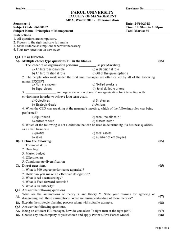 Principles of Management Exam: Answers and Analysis | PDF | Business ...