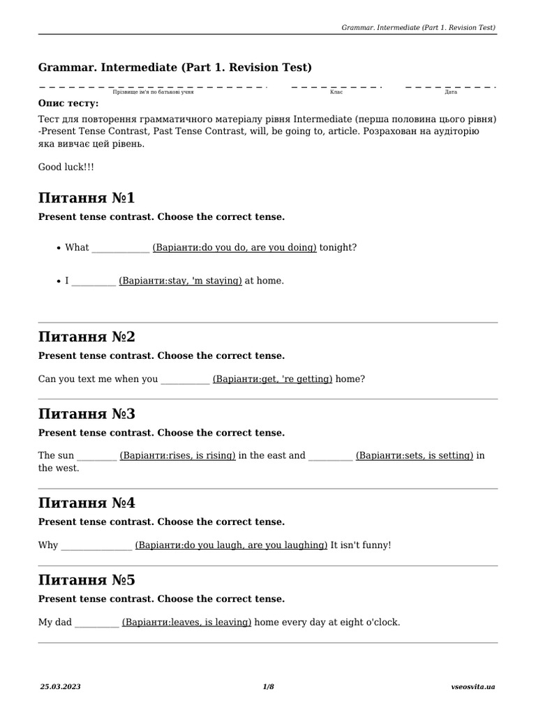 Grammar Intermediate Part 1 Revision Test 20230325 213104 | PDF