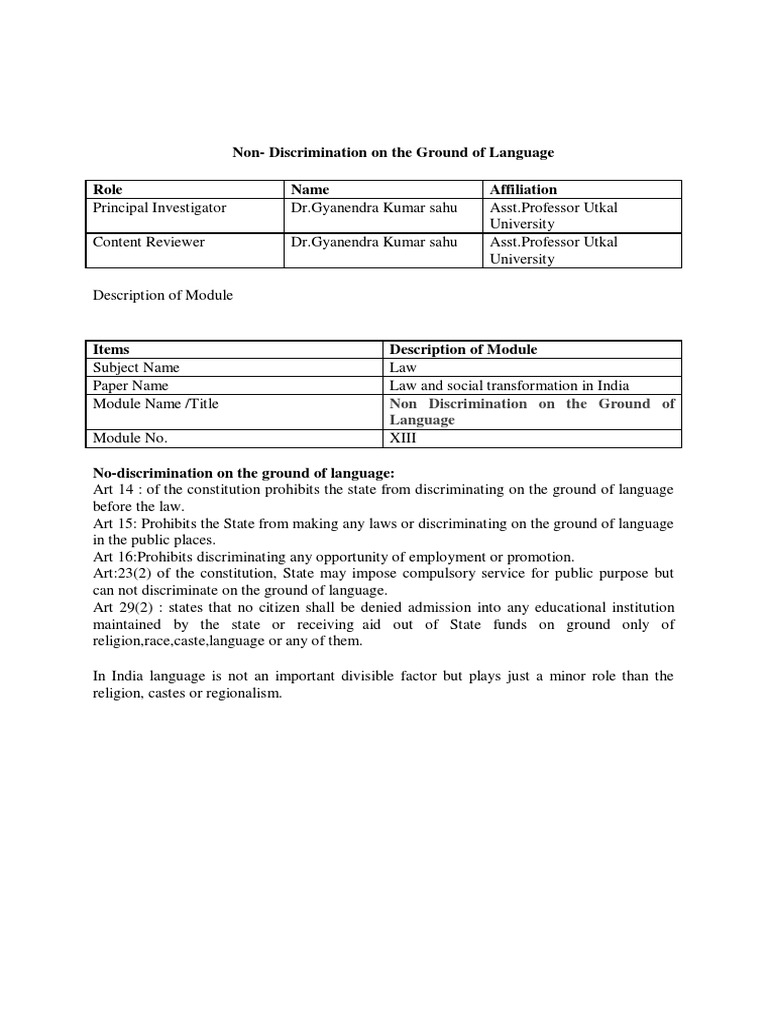 Non Discrimination On The Ground of Language | PDF