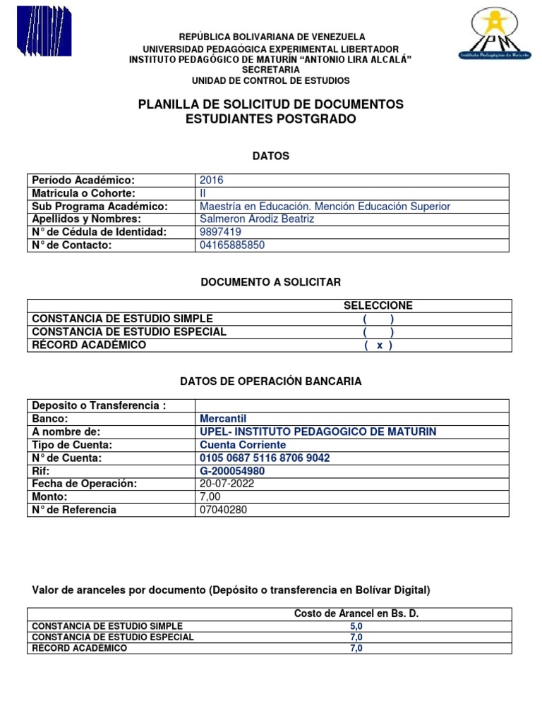 E.postgrado-Planilla de Solicitud de Documentos | Descargar gratis PDF | Servicios financieros ...