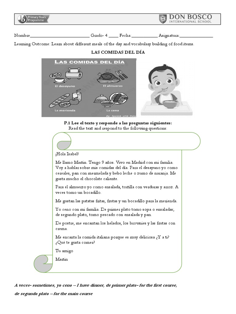 Las Comidas Del Dia - Reading Activity | PDF | Almuerzo | Preparación ...