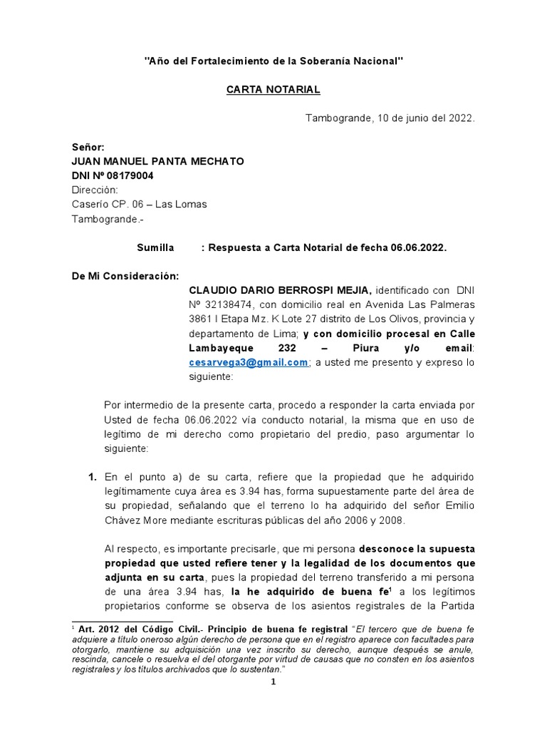CARTA NOTARIAL de Respuesta | PDF | Propiedad | Ley de Propiedad