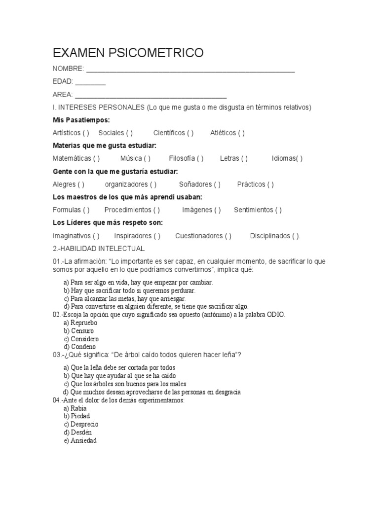 EXAMEN PSICOMETRICO | PDF