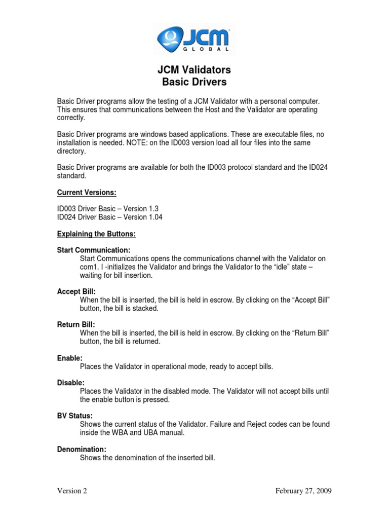 JCM Validators Basic Drivers: Current Versions | PDF