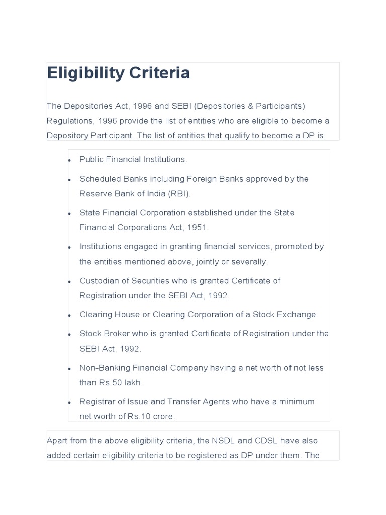 Depository Participant Eligibility Criteria | PDF