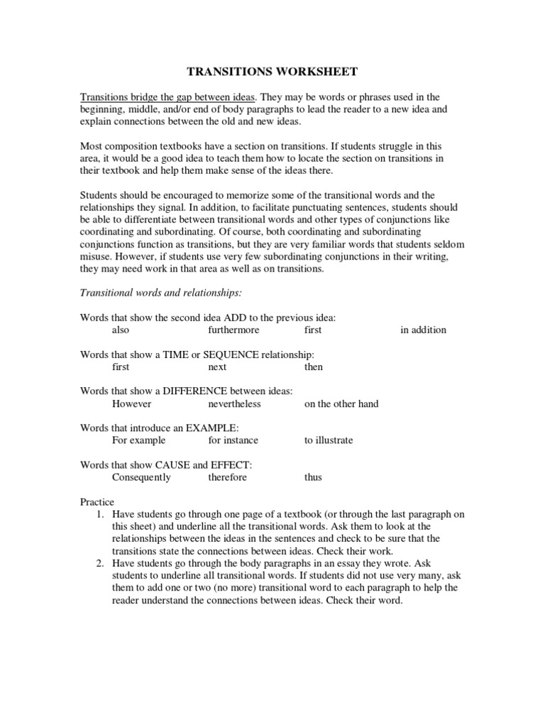 Transitions Worksheet | PDF | Paragraph | Sentence (Linguistics)
