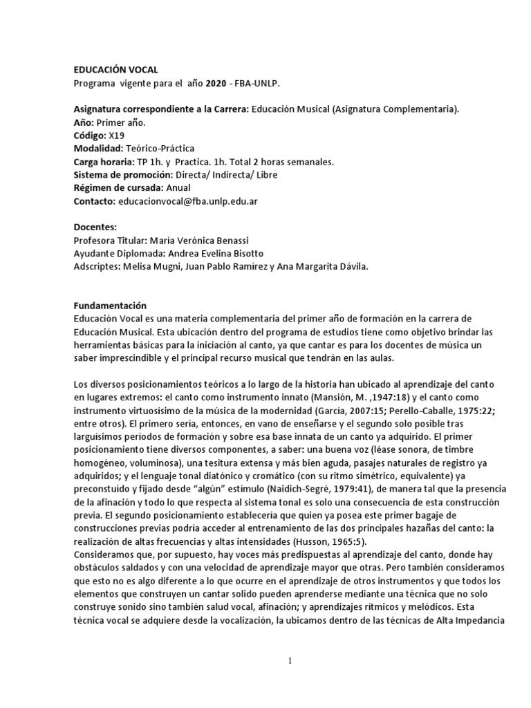 Educación Vocal Programa 2021 | PDF | Canto
