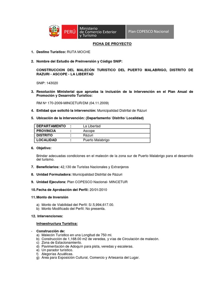 Ficha de Proyecto Construccion Del Malecón Turistico Del Puerto ...
