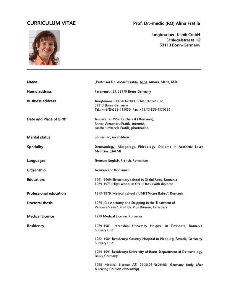 Prof. Dr. Alina Fratila's CV | PDF | Residency (Medicine) | Dermatology