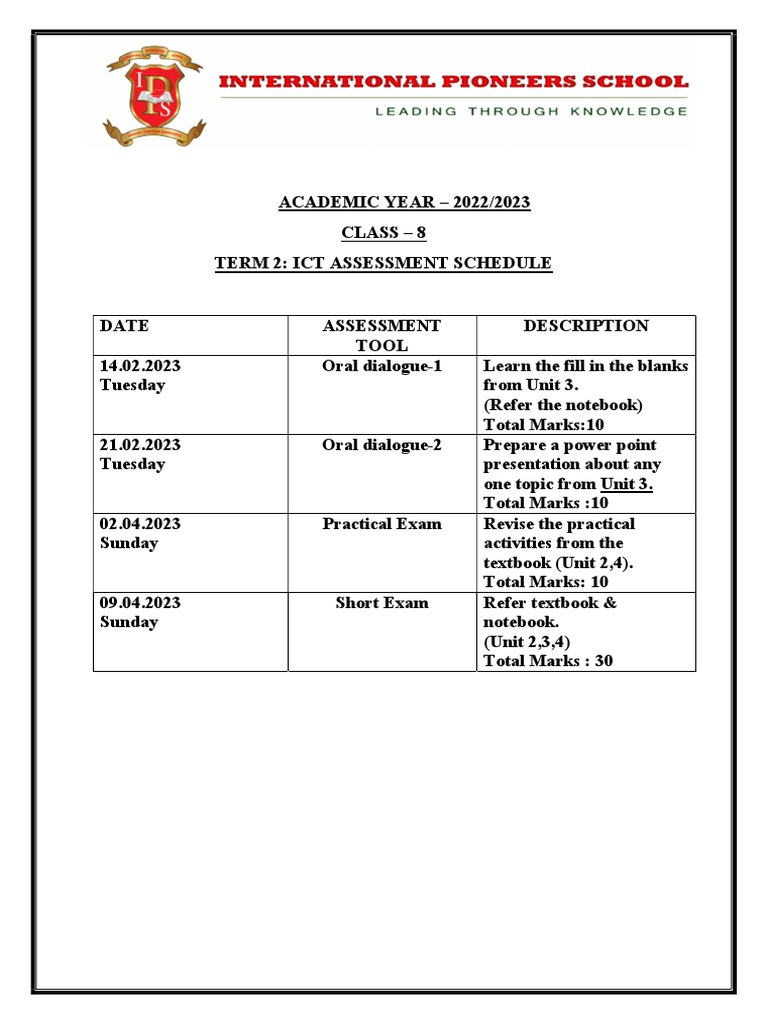 Ict Schedule Term 2 Ay 22-23-Class 8 | PDF