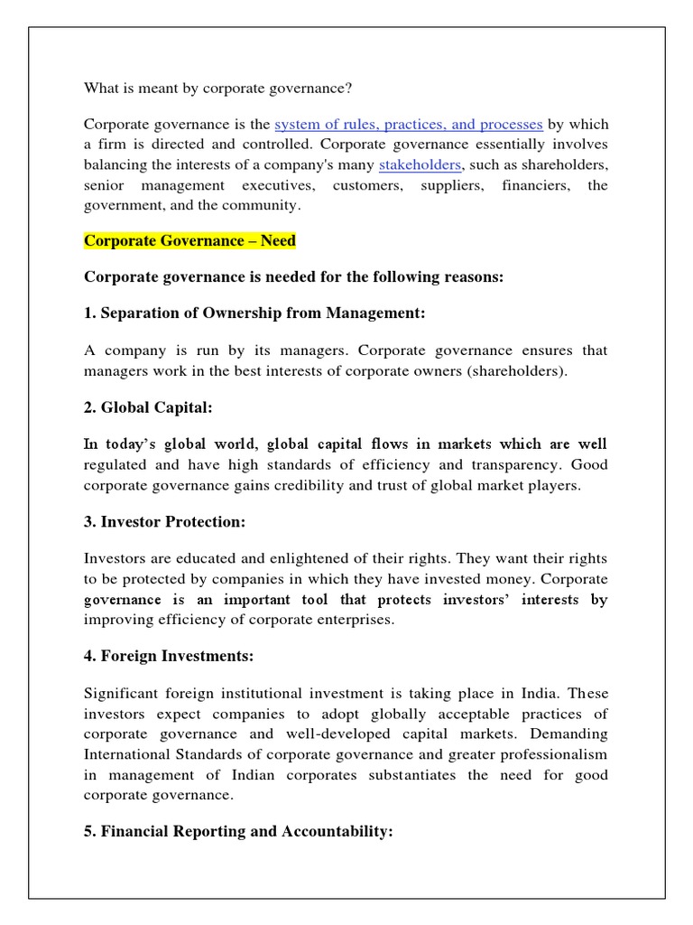 Importance of Corporate Governance | PDF | Corporate Governance ...