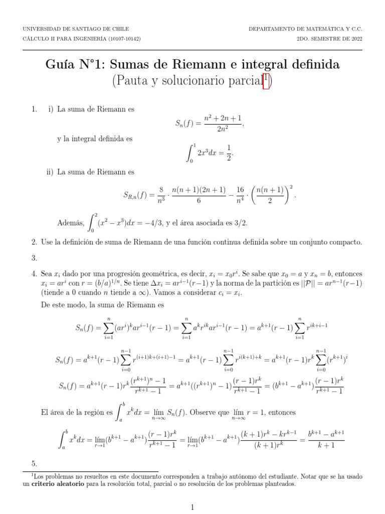Respuestas Guía 1 Sumas de Riemann e Integral Definida | PDF ...