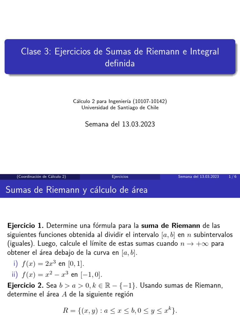 Clase 3 Ejercicios de Sumas de RIemann e Integral Definida | PDF ...